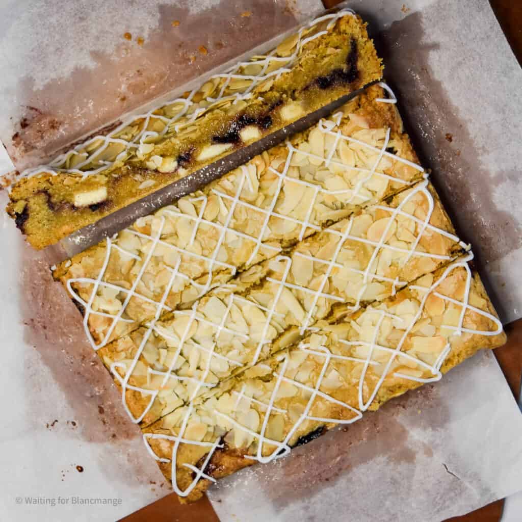 Cherry Bakewell Blondies - Waiting for Blancmange